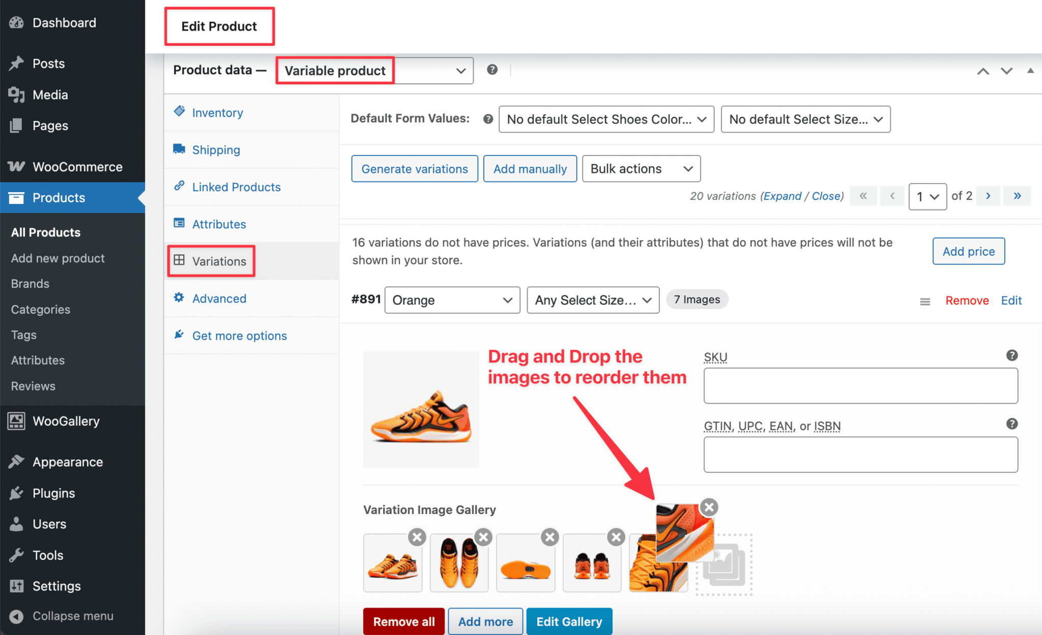 How to Reorder and Remove Variation Gallery Images? – WooGallery Docs